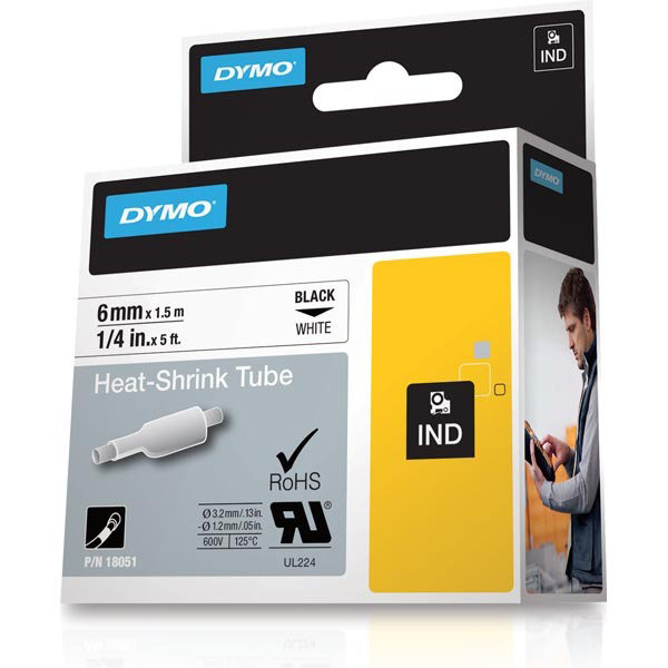 Dymo Rhinopro, 6 mm, krympeflex tape, hvid | Lomax A/S