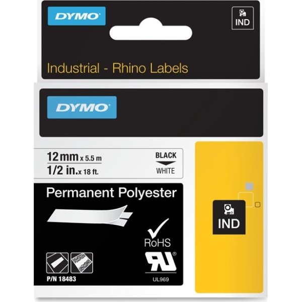 Dymo RHINO Permanent Polyester 12mm, sort på hvid | Lomax A/S