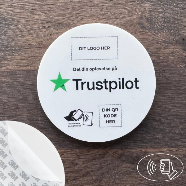Skilt m/chip selvklæb rund, eget logo, Trustpilot | Lomax