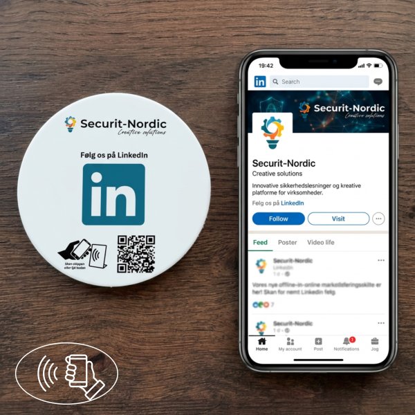 Skilt m/chip selvklæb rund, eget logo, LinkedIn | Lomax